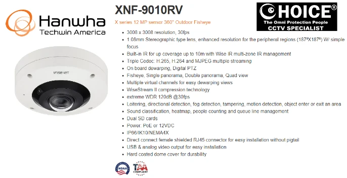 WISENET HANWHA FISHEYE CAMERA XNF-9010RV 12MP 360° H.265