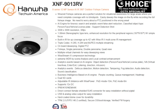 WISENET HANWHA FISHEYE AI CAMERA XNF-9013RV 12MP 360° H.265